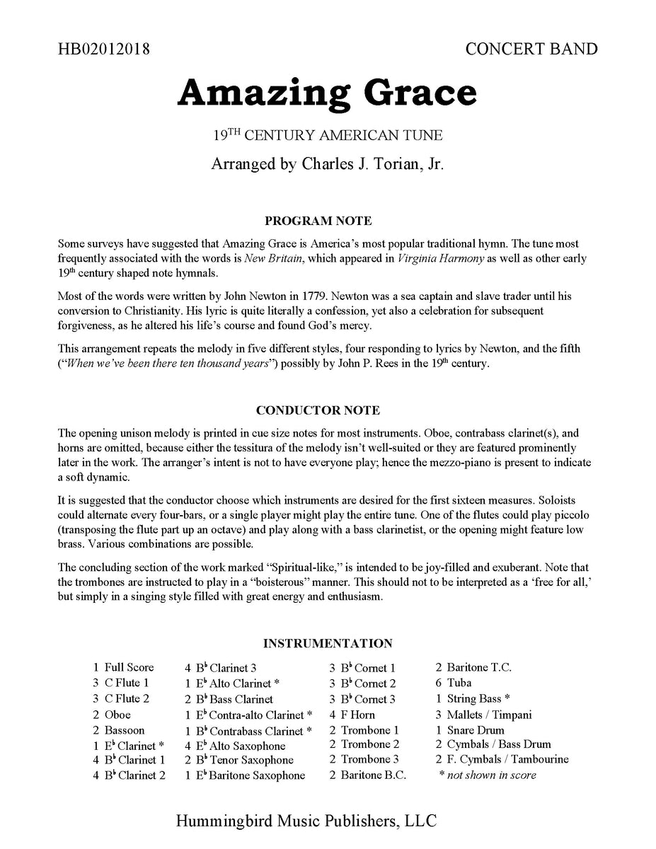 AMAZING GRACE - Concert Band Arrangement – Hummingbird Music Publishers