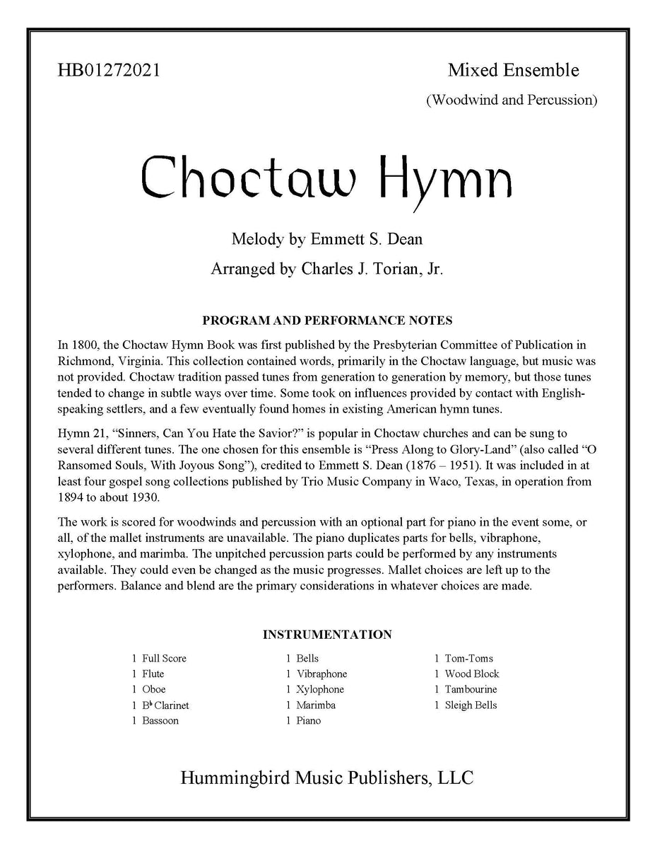 CHOCTAW HYMN - Sheet Music for Woodwind and Percussion – Hummingbird ...