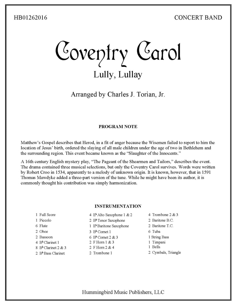 COVENTRY CAROL by Charles Torian – Hummingbird Music Publishers