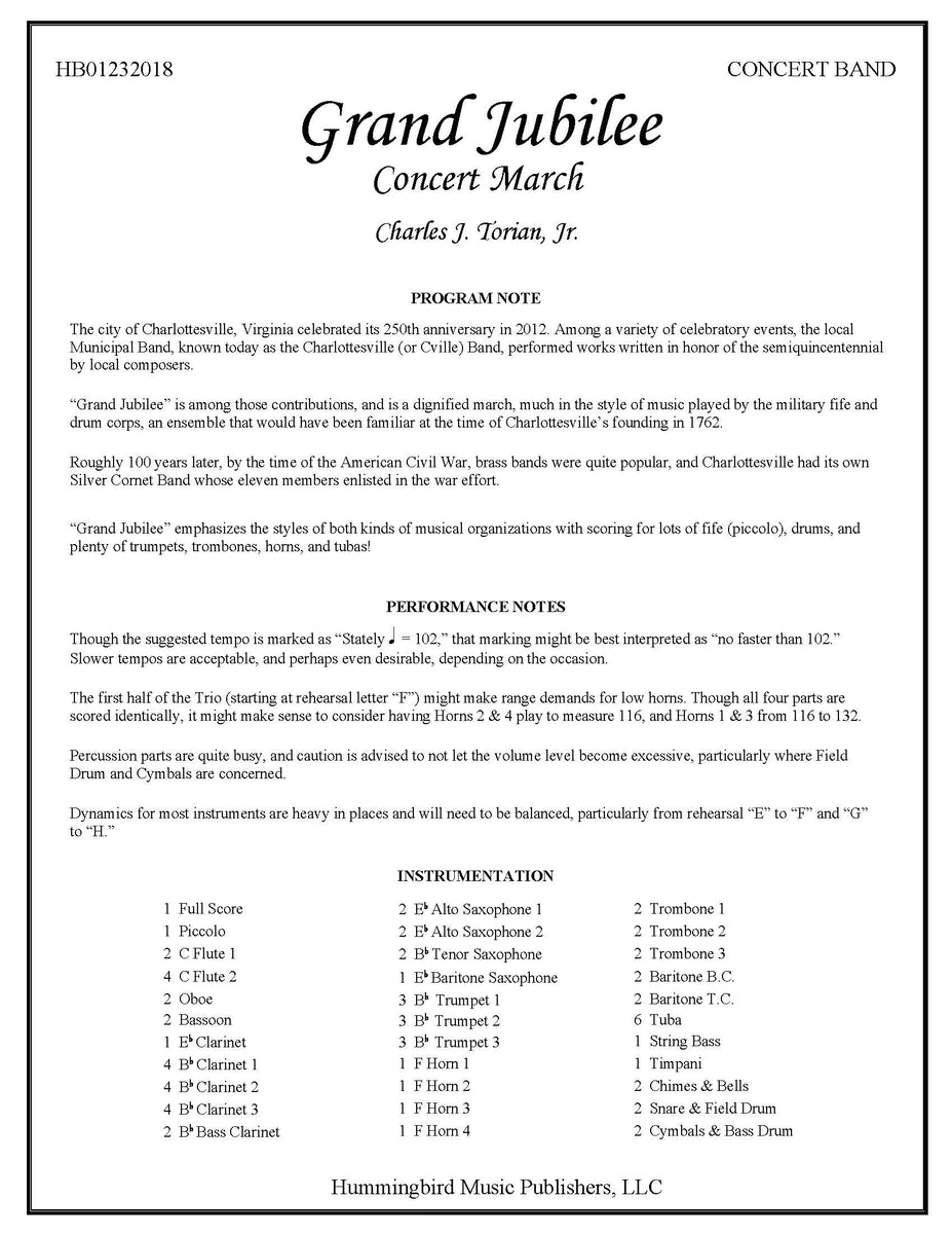 GRAND JUBILEE CONCERT MARCH by Charles J. Torian, Jr. – Hummingbird ...